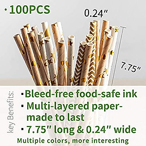 Paper Straws 100-Pack Gold Biodegradable, 7.75 Inches, Foil Striped, Wave,Heart, Gold, Bulk, Stars Paper Straws Ououps…