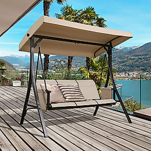 Patio 3-Seat Textilene Porch Swing, Outdoor Swing Glider with Stand and Adjustable Polyester Canopy (Beige)