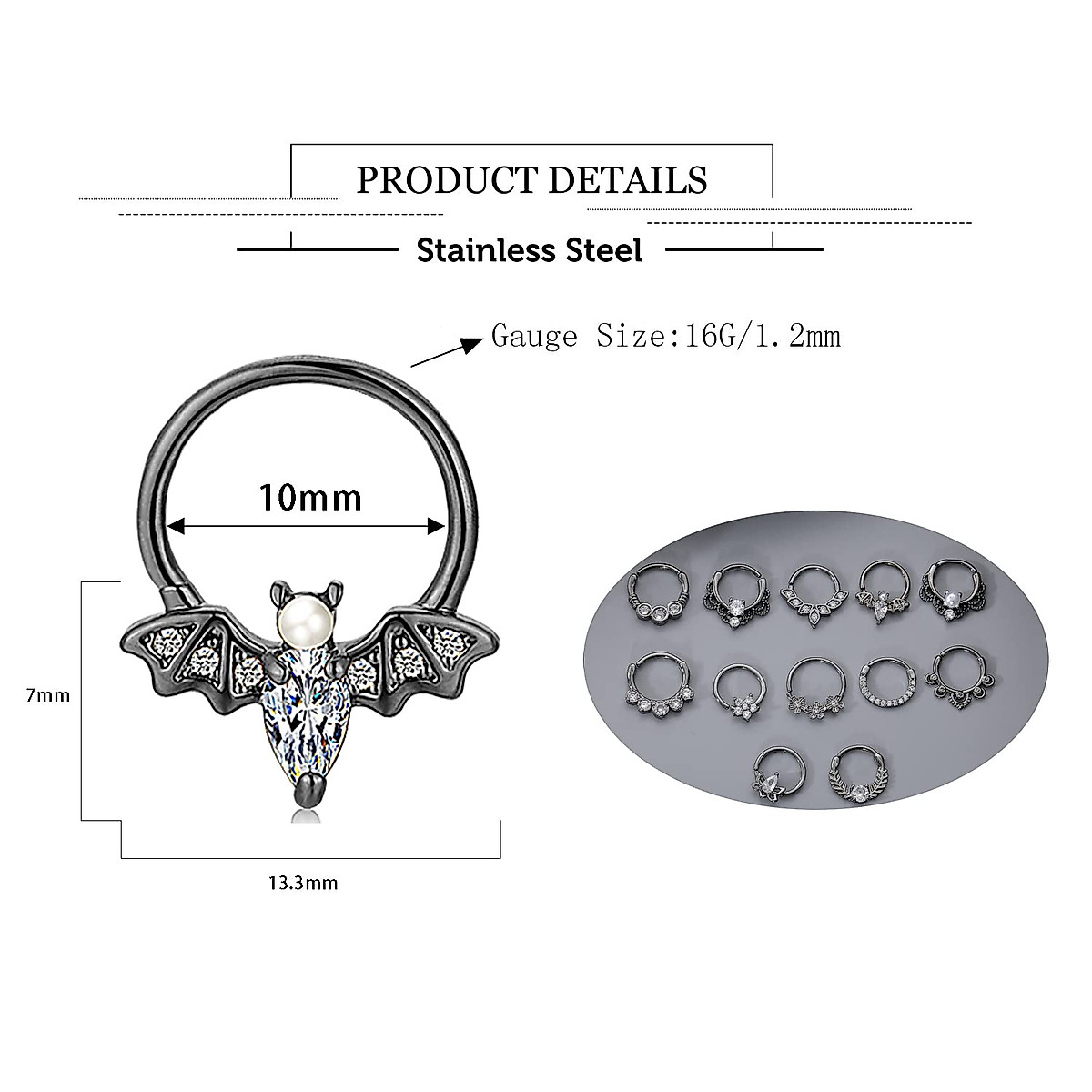 TOSGMY 12 PCS Septum Jewelry Daith Earrings Surgical Steel Septum Clicker Ring Helix Cartilage Tragus Piercing Jewelry Silver Rose Gold Black Nose Rings Hoops Hinged Hoop Earrings 8MM 10MM