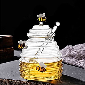 ikasus Honey Jars Honey Dish with Dipper and Lid Bee Charms Decoration Crystal Clear Large Glass Jar Honey Pot Honey Dispenser Beehive Honey Containers for Store Honey Syrup Jam Jelly Home Kitchen