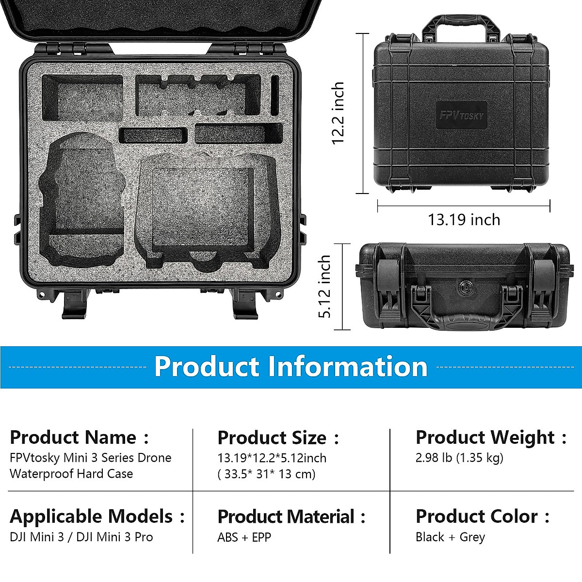 FPVtosky Hard Case for DJI Mini 3/Mini 3 pro,Waterproof Carrying Case for DJI Mini 3 Series with DJI RC Controller,DJI Mini 3/DJI Mini 3 Pro Accessories, (Does not support DJI Mini 4 Pro)