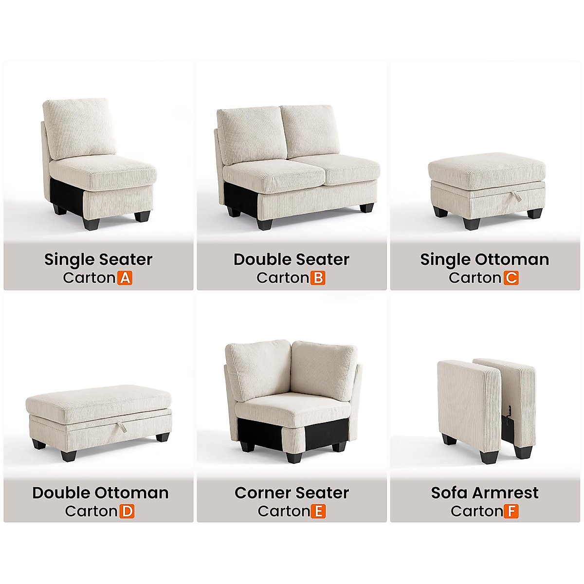 CHIC HOUSE Middle Module for Modular Couch, Corduroy Customizable Chaise, Storage Ottoman for Sectional Sofa, Armrest, Single/Double Seater