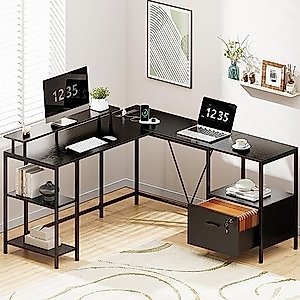 Huuger L Shaped Desk with Power Outlets & LED Lights, Reversible Computer Desk with Storage Shelves & File Cabinet, Corner Desk Home Office Desk, Black