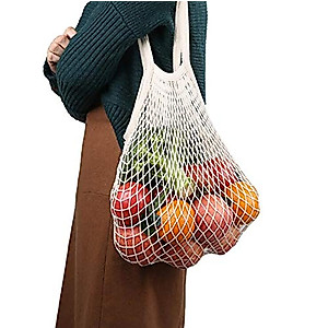 4 Pack Portable Reusable Grocery Bags Fruit and Vegetable Bag Washable Cotton Mesh String Organic Organizer Shopping Handbag Long Handle Net Tote (grey blue,Black,Beige,Pink)
