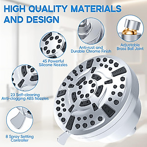 Nuioewe Shower Head, 5.7" Fixed High-Pressure Filtered Shower Heads, 8 Modes, 360°Adjusted, Tool-Free Install, Shower Filter for Hard Water, Remove Harmful & Chlorine, Relaxed Shower (Luxury Chrome)