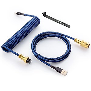 GUNMJO Starlight Coiled USB C Keyboard Cable for Gaming Keyboard, Double-Sleeved Mechanical Keyboard Cable with Detachable Metal Aviator, 1.5M USB-C to USB-A, Blue Color with Gold Aviator Connector