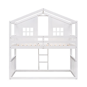 Harper & Bright Designs House Bunk Beds, Twin Over Twin Bunk Bed with Roof, Ladder and Windows, Floor Bunk Bed, Low Bunk Loft Bed for Kids Teens Boys & Girls, White