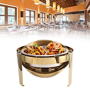 Stainless Steel Alcohol Heated Round Catering Food Warmer with Food Pan Visible Lid for Event Party Holiday Gold (2 Compartment Pan)