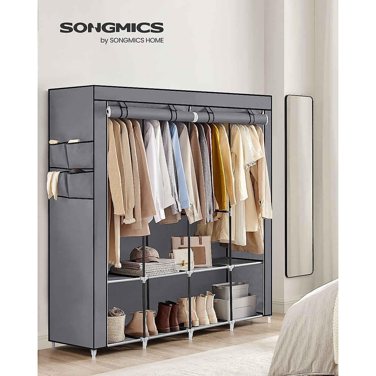 SONGMICS Portable Closet, Wardrobe Closet Organizer with Cover, 4 Hanging Rods and Shelves, 4 Side Pockets, 66.9 x 17.7 x 65.7 Inches, Large Capacity for Bedroom, Living Room, Gray URYG094G02