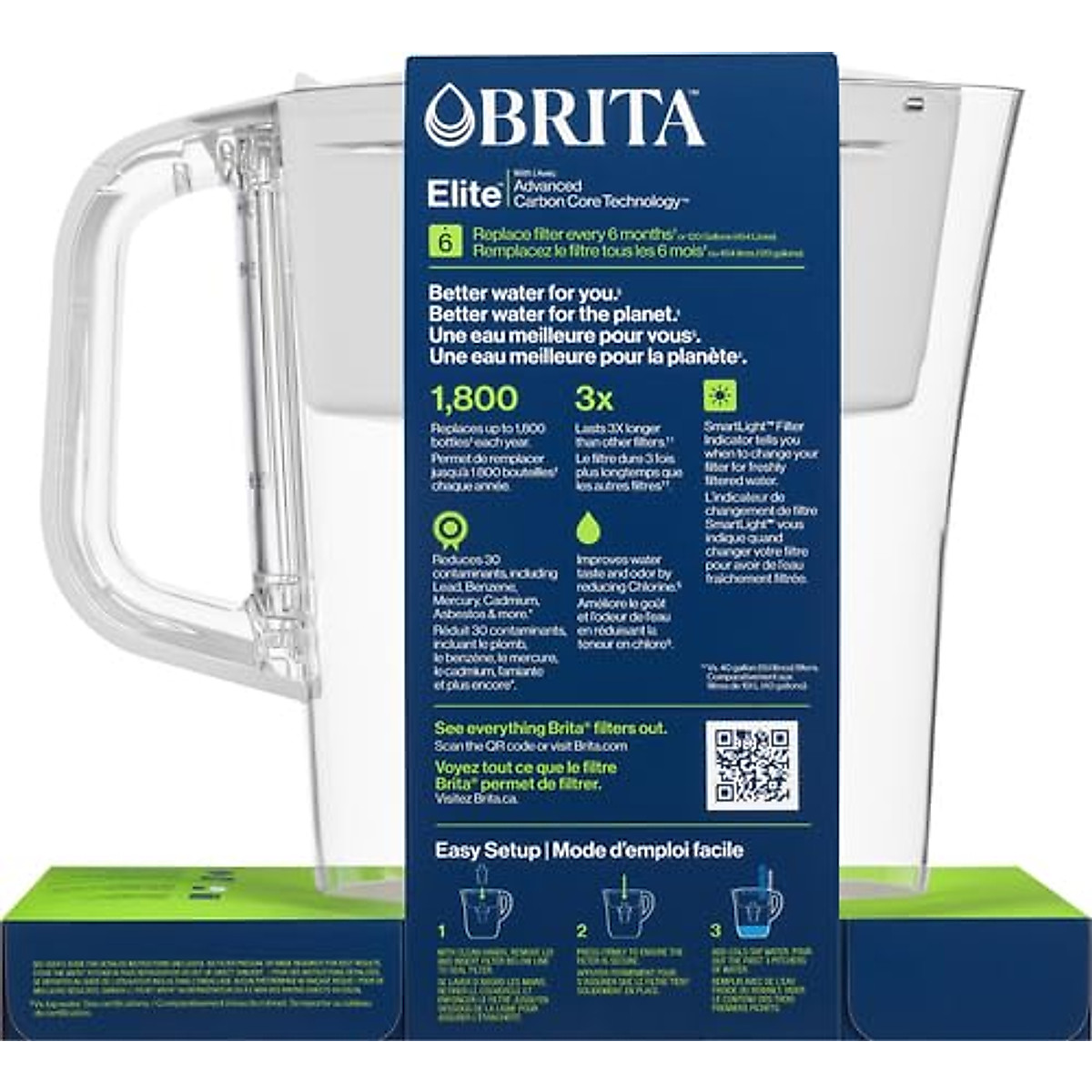 Brita Small 6 Cup Denali Water Filter Pitcher with 1 Brita Elite Filter, Made Without BPA, White