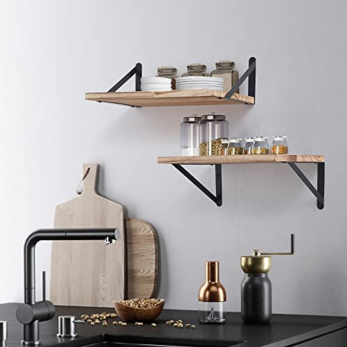 Floating Shelves, Wall Mounted Shelves Set of 2, Rustic Farmhouse Shelves with Large Storage, 12 Inch Deep Shelves Wide Display Ledges for Living Room Kitchen Bathroom Bedroom Carbonized Black