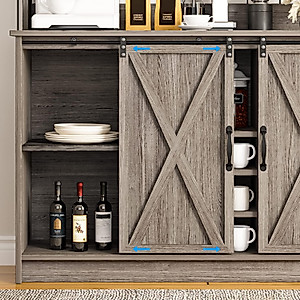 4ever2buy Farmhouse Coffee Bar Cabinet with Sliding Barn Doors, 50 Inch Coffee Bar Hutch with 6 Hooks, Gray Coffee Bar with 9 Mug Rack, Hutch Cabinet with Storage for Living Room