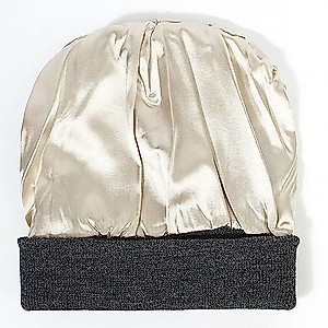 Unisex Satin Lined Winter Beanie for Women Men Silky Lining Slouchy Skull Cap Knitted Cuffed Skiing Knit Hat(Black & Dark Grey)