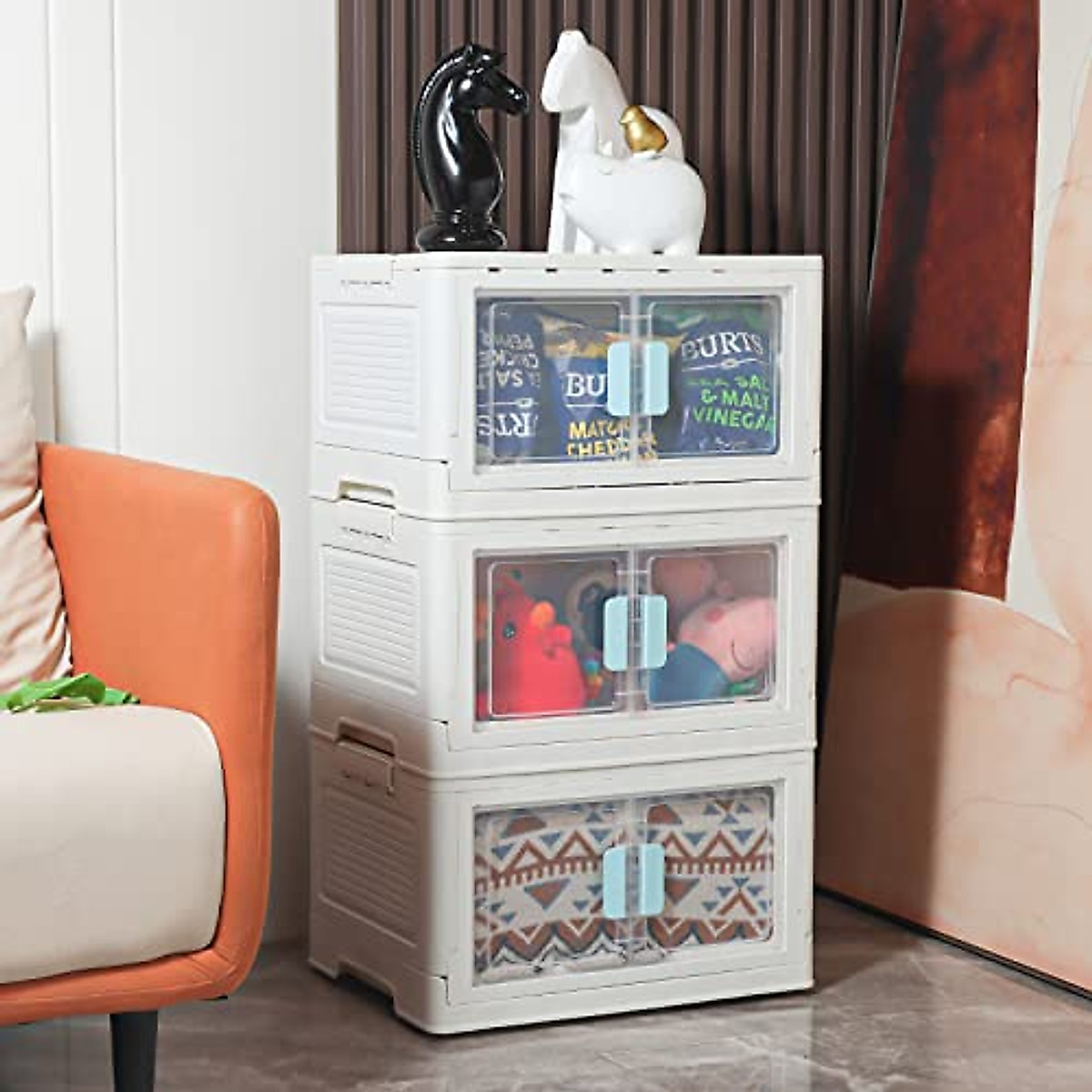 ELUCHANG Collapsible Storage Bins with Lids, Storage Bins 47Qt. Foldable Stackable Storage Box for Organization with 2 doors, 4 Wheels& Secure Buckle(Double Doors, 47Qt.)