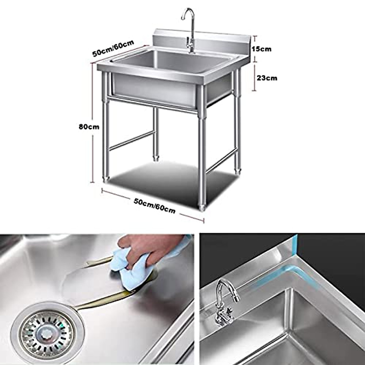 Vertical Kitchen Sink, Single Bowl Sink Commercial Catering Sink 304 Stainless Steel Kitchen Sink Freestanding Wash Basin Multifunctional Sink with Bracket Drawing Process (60 * 60 * 80cm)