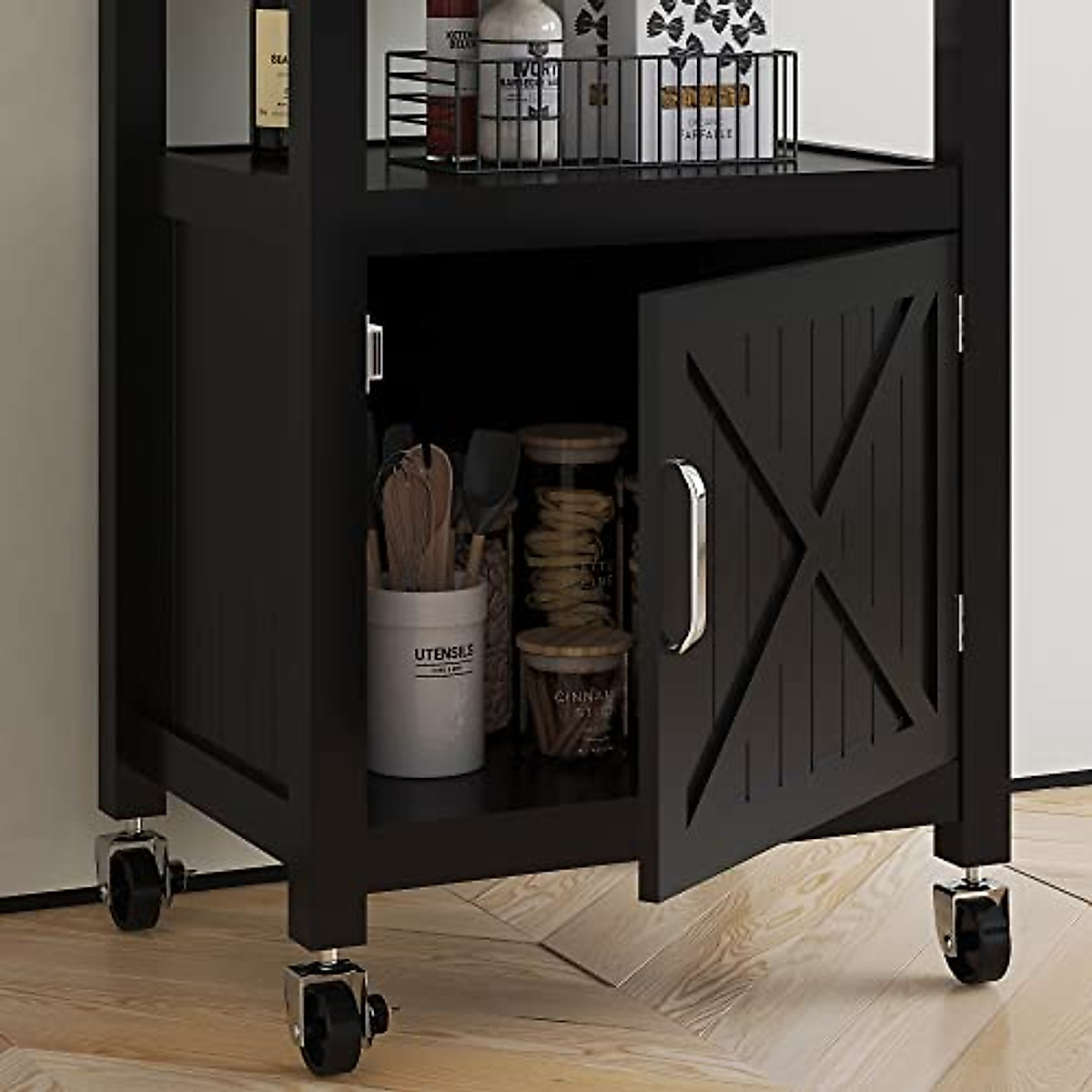 Rolling Kitchen Island Cart with Storage, Farmhouse Kitchen Cart on Wheels, Kitchen Cabinet with Barn Door and Drawer for Dining Room, Wood Top & Side Hooks, 36” H, Black