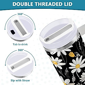 Jihqo Black Daisy 40 oz Stainless Steel Vacuum Insulated Tumbler with Handle and Straw Lid, Leakproof Water Bottle Double Wall Travel Mug Coffee Cup, Cupholder Friendly