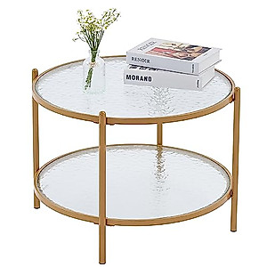 VINGLI 25.6" Small Matte Gold Round Coffee Table Water-Wave Glass Circle Clear Coffee Table, Center Table with 2-Tier Modern Storage Design for Living Room, Bedroom, Meeting Room, Balcony, Patio
