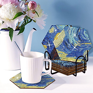 Diamond Painting Kits Coasters Starry Night, 7 PCS Diamond Art Hexagonal Coasters with Holder, Small Diamond Painting Kits for Adults Beginners