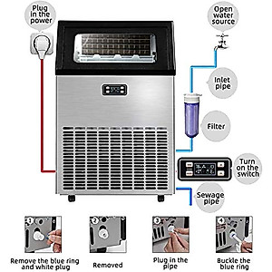 Kismile Commercial Ice Maker, Freestanding Square Ice Cube Maker 100lbs/24h, 28lbs Storage Bin, Full Heavy Duty Stainless Steel Construction, Ice Maker Machine for Home Bar