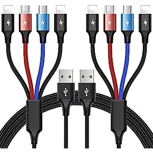 CHAFON Multi Charging Cable 2Pack 4FT 4 in 1 Nylon Braided Multiple USB Fast Charger Cord Adapter Type C Micro USB Port Connectors Compatible Cell Phones Tablets and More