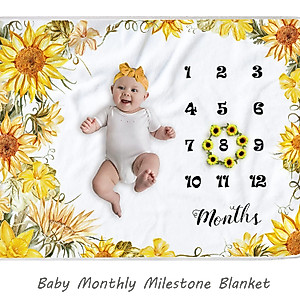 Yoothy Sunflower Baby Monthly Milestone Blanket Girl, Floral Newborns Month Blanket Gift for Baby Shower, Soft Plush Photo Prop Blanket, Wreath &Headband Included, 45''x40''