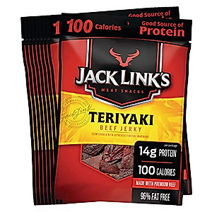 Jack Link's Beef Jerky, Teriyaki, 1.25 oz. Bags, 10 Count - Flavorful Meat Snack for Lunches & More, 14g Protein, 100 Calories, Made with 100% Beef - 96% Fat Free, No Added MSG** or Nitrates/Nitrites