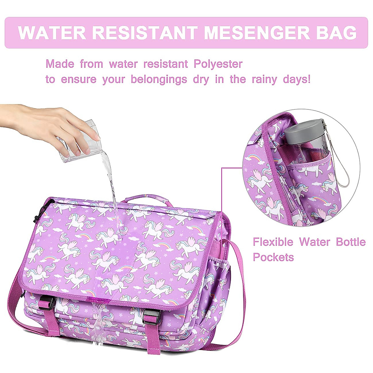 VASCHY Messenger Bag for Kids, Cute 15.6inch Laptop Crossbody School Bag for Boys Girls Teens Women Unicorn