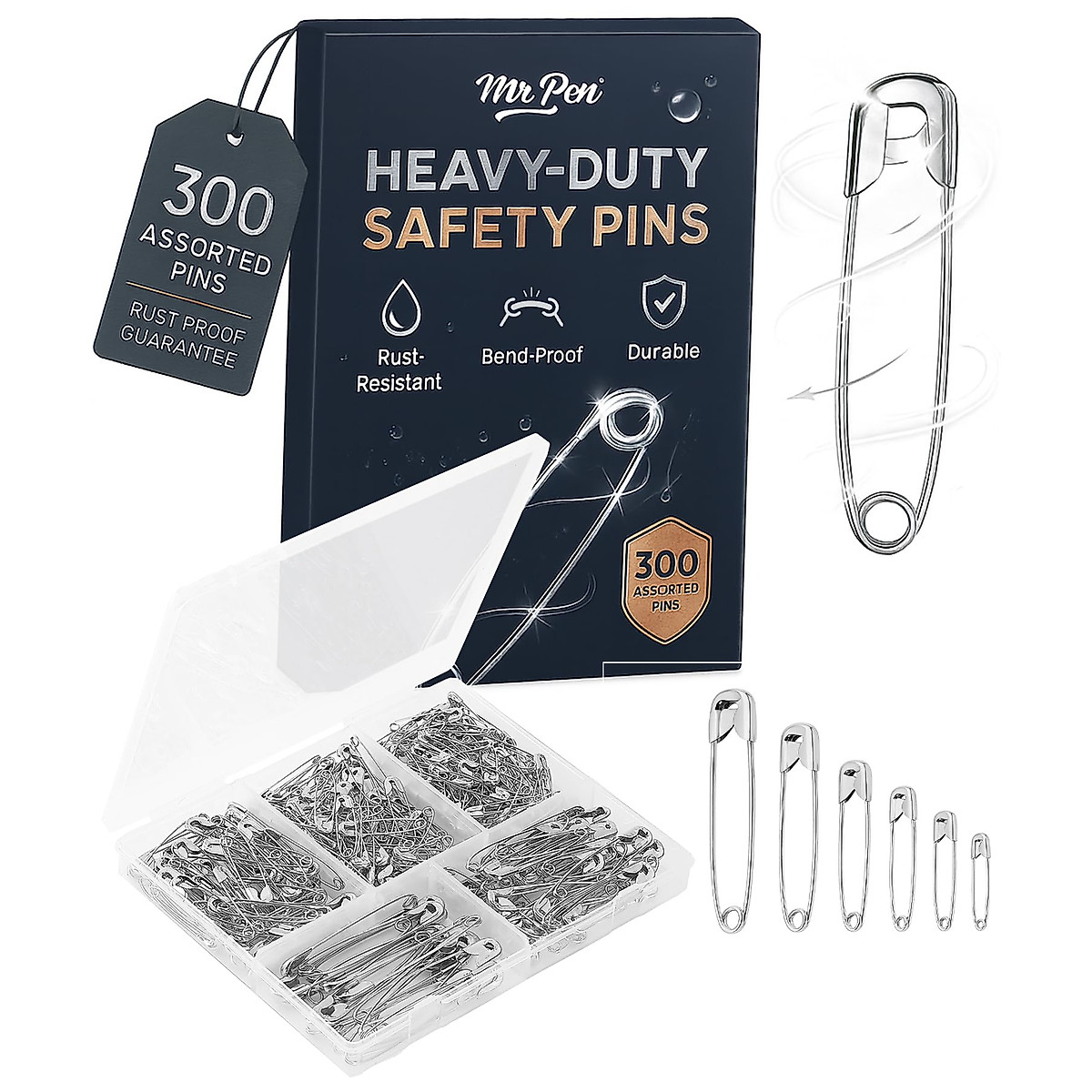 Mr. Pen- Safety Pins, Safety Pins Assorted, 300 Pack, Assorted Safety Pins, Safety Pin, Small Safety Pins, Safety Pins Bulk, Large Safety Pins, Safety Pins for Clothes, 5.4 x 4.4 x 0.7 inch