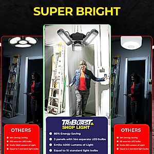 Triburst LED Shop Lights for Workshop, 4000 Lumens Super Bright Garage Lighting, LED Garage Lights, LED Shop Light, Ceiling Light with 3 Light Panels, Linkable, Plugs into Outlet, Easy to Install