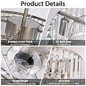 Luupyia Crystal Caged Brush Nickel Ceiling Fan with Light 18In, 6 Speed Reversible, 4Lights Crystal Fandelier Ceiling Fan with Light and Remote Silver Fandelier Low Profile 7 Bladeless E12