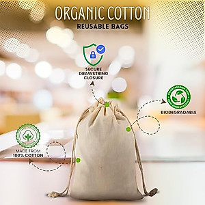Ecogreentextiles 6x10 in 25 pcs Organic Cotton Muslin Bags with Drawstrings - 100% Natural Cotton Bags, Washable, Biodegradable, Food Safe - Ideal for Shopping, Storage, Spices, Crafts