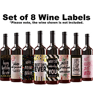 8 Birthday Wine Bottle Labels Stickers Present, Bday Gifts For Her Women Him Men, Any Age Years Birthday Party Decoration Centerpiece Supplies For Wife, Mom, Husband, Dad, Friend (WINE NOT INCLUDED)
