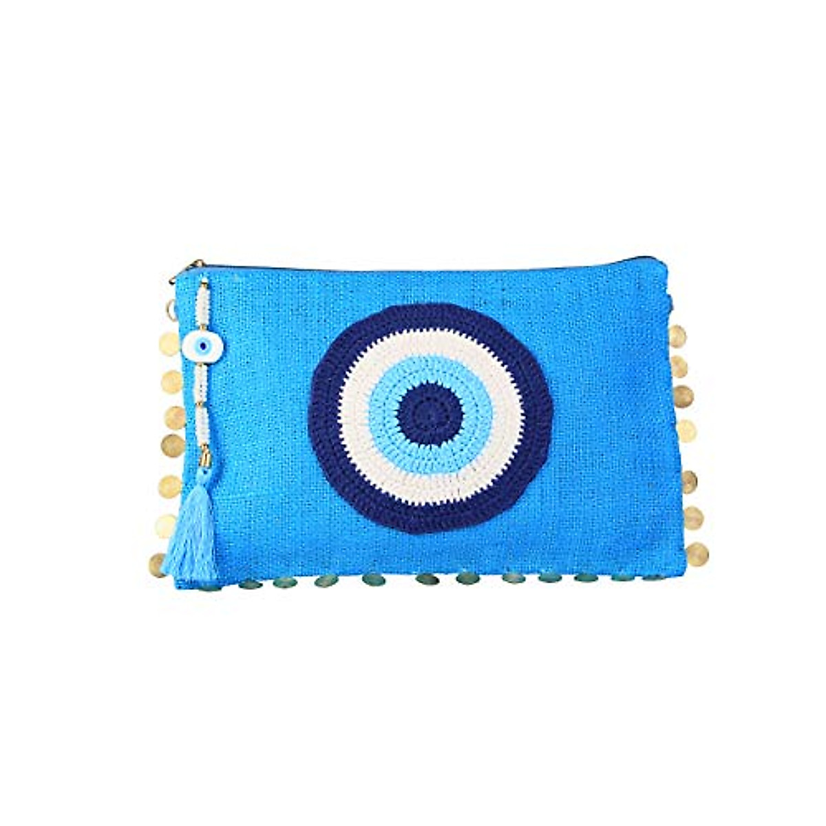 Karens Ege Evil Eye Jute/Burlap Clutch Bag for Women Beach Bag Zipper Closure with Crystals and Tassels (w/o Chain)