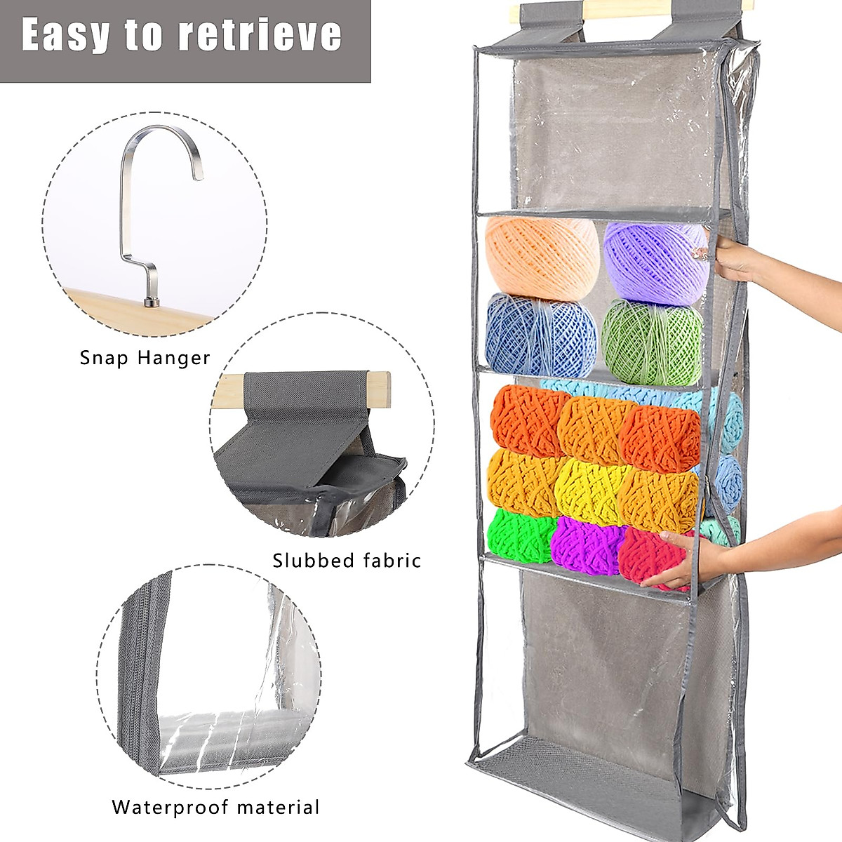 YEXEXINM Hanging Yarn Storage with 4 Large Pockets, Clear Knitting Organizer Storage with Zippers for Crochet Lovers, Hanging Yarn Holder with Over-Door Hooks for Knitting Needles Crochet Hooks