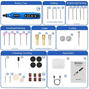GINELSON Cordless Rotary Tool, 2000 mAh Battery Pack, 5-Speed and USB-C Charging Rotary Tool Kit with 64 Accessories, Multi-Purpose 3.7V Power Rotary Tool for Sanding, Polishing, Engraving, DIY Crafts