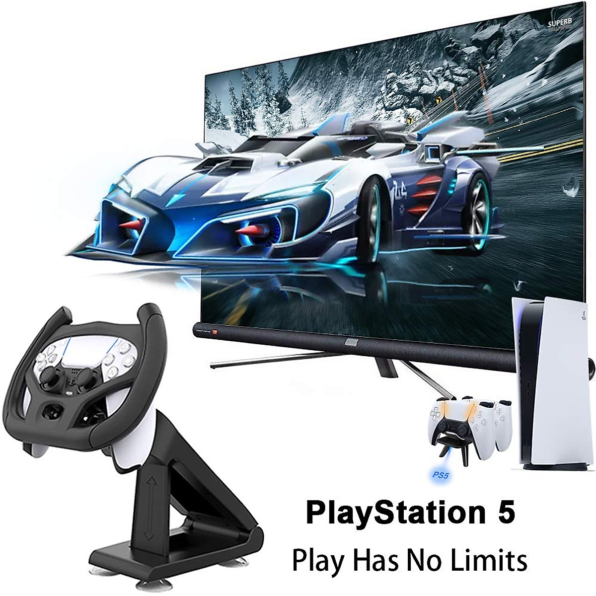 PS5 Gaming Racing Wheel, Meagadream Steering Wheel with4 Table Suction Cup for Sony PlayStation 5 Dualsense Controller (Controller Not Included)