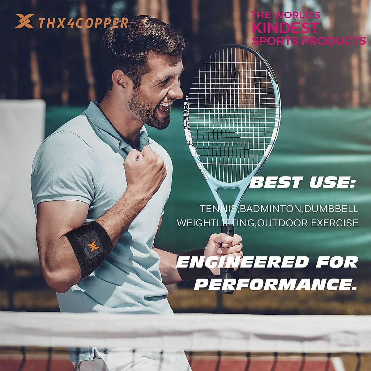 THX4COPPER Infused Adjustable Compression Tennis and Golfer Elbow Support Brace, with Pad for Muscle and Joint Pain Relief, Tendinitis, Carpal Tunnel Syndrome