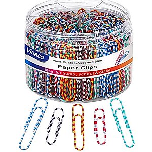 Vinaco Paper Clips Color Stripe, 400PCS Medium & Large (1.3 inch & 2 inch) Paper Clip Assored Size, Durable and Rustproof, Vinyl Coated Paperclips Colorful for Office School Document Organizing