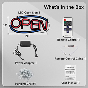 LED Neon Open Sign for Business, YHomU 24" x 12" Large LED Business Neon Open Sign, Remote Control Bright Light Sign with Dimmer & 8 Dynamic Effects, Business Open Sign for Cafes Stores