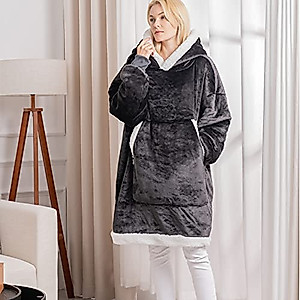 RECYCO Oversized Wearable Blanket Hoodie for Women, Warm Cozy Soft Sherpa Fleece Hoodie Blanket for Men Adults, Thick Big Hooded Sweatshirt Blanket Black, Large Size