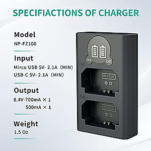 NP-FZ100 Camera Battery Charger, LP Dual USB Charger with LCD Display, Compatible with Sony A6600 A9 A9R A9S A9II A7C A7S A7SIII A7III A7RIII A7RIV A7IV Cameras, Charging Station for Sony NP-FZ100