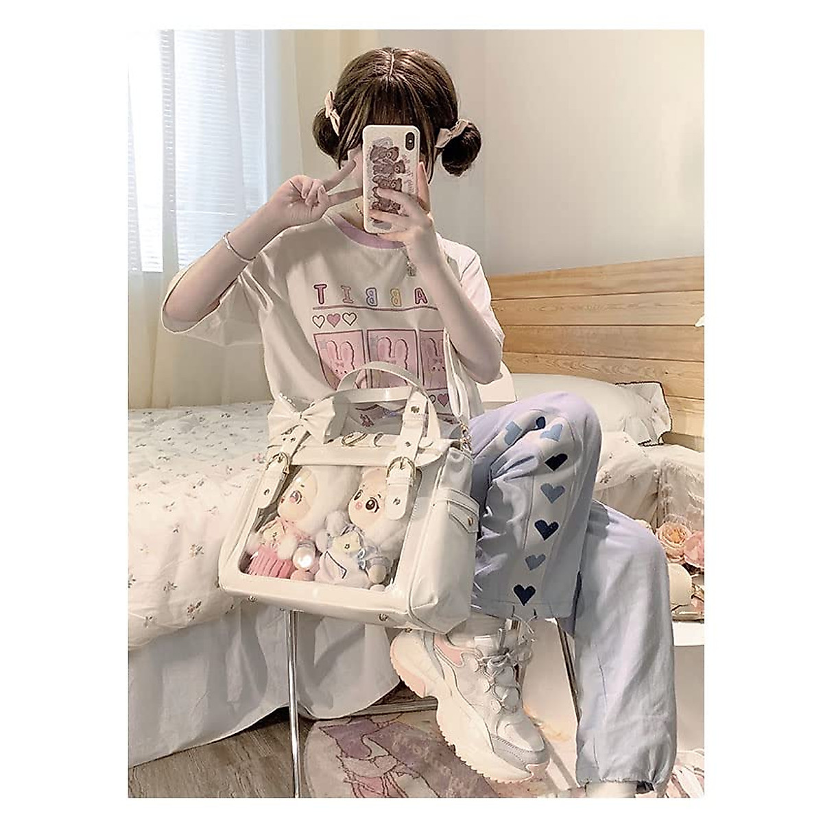 Cute Ita Bad for Women Girl, Kawaii Gothic Lolita Purse Tote Bag Pink Black Japanese Pin Collector, Clear Window Shoulder Bag (White)