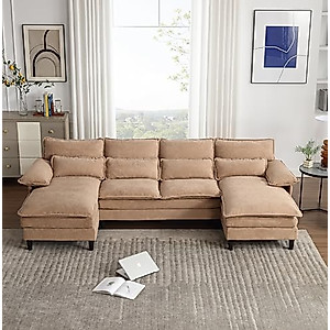 Eafurn U Shaped Symmetrical Sectional Couch with Waist Poillows and Detachable Pillow Armrest, 6 Seater Oversized Modular Lounge Sofa with Double Chaise & Memory Foam for Living Room Apartment