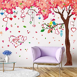 Giant Huge Pink Cherry Tree Wall Decals Cute Cartoon Removable Large Tree Lovely Heart Shape Wall Sticker Peel Stick for Kids Girls Bedroom Livingroom TV Background