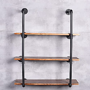 BOKKOLIK Farmhouse Floating Pipe Shelf with 31.5inch Length Wood Plank Retro Storage Wall Mounted Book Shelves 3 Tier for Kitchen Office Living Room