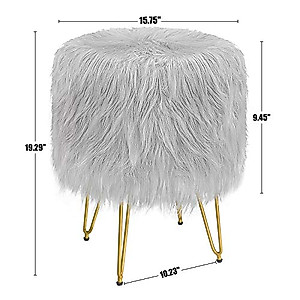 GREENSTELL Vanity Stool Chair with Storage, 15.75" W x 19.29" H Round Faux Fur Ottoman with 4 Metal Legs, Furry Padded Seat, Modern Multifunctional Makeup Stool for Bedroom Living Room Grey