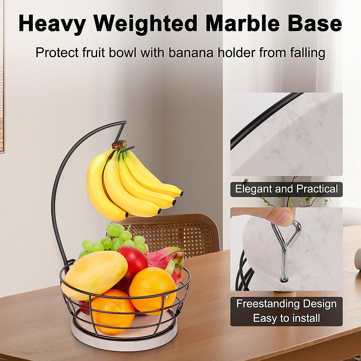 Livabber Countertop Fruit Basket Bowl with Banana Hanger, Modern Standing Fruit Vegetable Bowl Storage, with Banana Tree Holder for Kitchen Dinning Table (Round Marble, Black)
