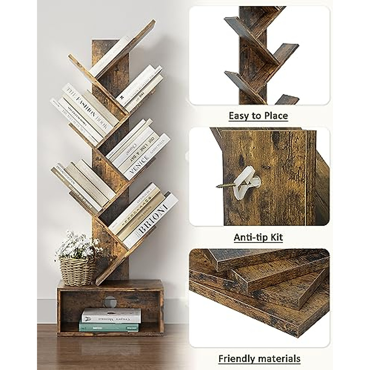 Aobafuir 6-Tier Tree Book Shelf, Open Side Standing Bookcase Shelf, Wooden Bookshelves Storage Rack for CD/Book, Utility Organizer Shelves for Living Room,Bedroom, Rustic Brown