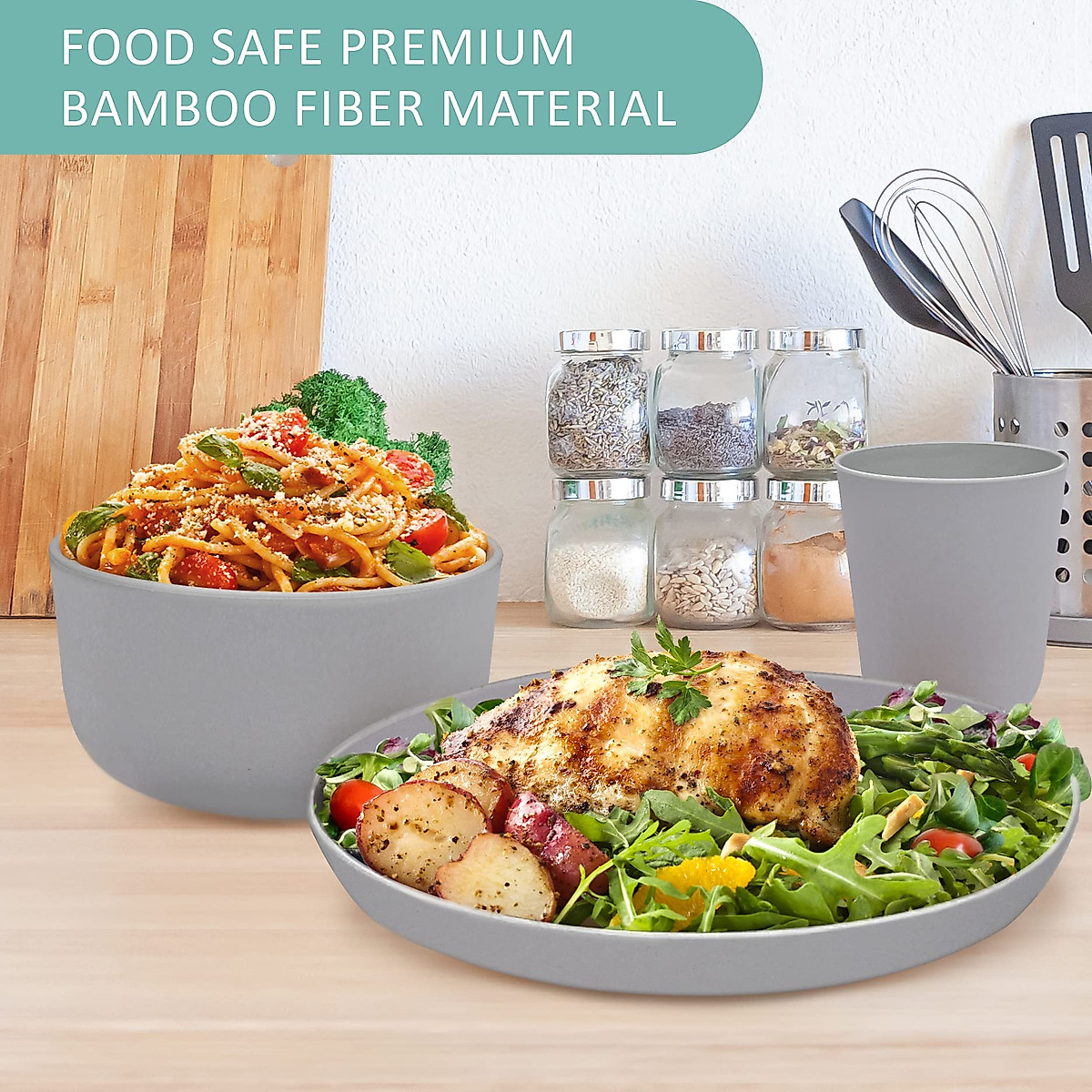 Stephan Roberts Bamboo Dinnerware Set, Eco-Friendly Bamboo Fiber Dinnerware, Dishes Set for 4, Includes Plates, Bowls & Cups, Reusable Unbreakable Dishware Set, Gray, 12PC Dinner Set